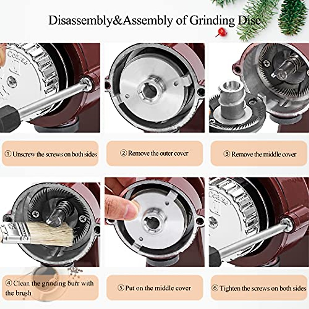 Huanyu Stainless Steel Coffee Grinder Electric with 8 Grinding Settings Flat Burr Coffee Grinder Adjustable Burr Coffee Grinders for Home Use Red