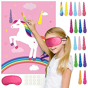 FEPITO Birthday Party Game for Kids Pin The Horn on Unicorn-Game Poster with 24 Horn Stickers Pin The Tail Game for Girl Unicorn-Birthday Rainbow Party Favors Supplies Wall Home Room Decorations