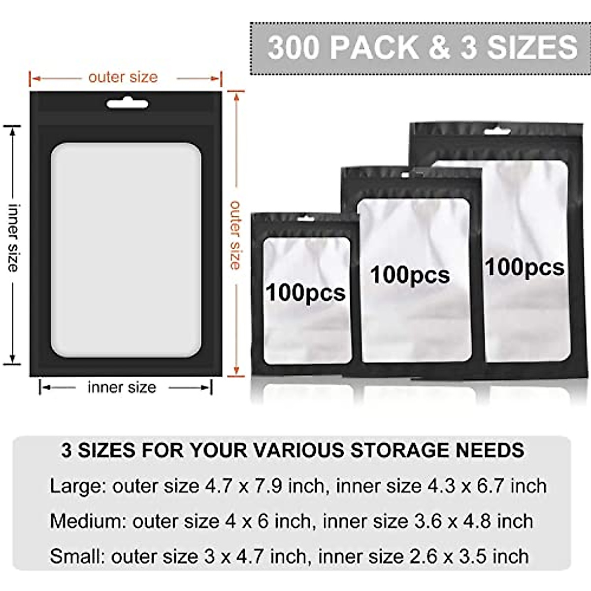 300 Pack 3 Sizes Resealable Mylar Bags Food Storage Smell Proof Bags with Front Window Packaging Pouch for Sample Snack Cookies Jewelry (Black, 3 x 4.7 inch,4 x 6 inch,4.7 x 7.9 inch)