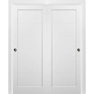 Sliding Closet Bypass Doors 56 x 80 with Hardware | Quadro 4115 White Silk | Sturdy Top Mount Rails Moldings Trims Set | Kitchen Wooden Solid Bedroom Wardrobe Doors