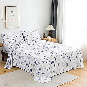 EnvioHome Full Bed Sheet Set, 4-Piece Natural 100% Cotton Full Size Sheets, Ultra Soft Light Breathable Luxury Percale Weave Floral Bed Sheets Full Size,16" Deep Pocket Sheets Full Size Bed, Lavender