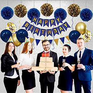 Navy Blue Gold Birthday Decorations, Birthday Party Supplies for Men Women Boys Girls with HAPPY BIRTHDAY Banner, Tissue Paper Flowers Pom Pom, Pennant and Circle Dot String, Latex Confetti Balloons