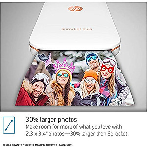 HP Sprocket Plus Instant Color Photo Printer, Print 30% Larger Photos on 2.3x3.4 Sticky-Backed Paper – White (2FR85A)