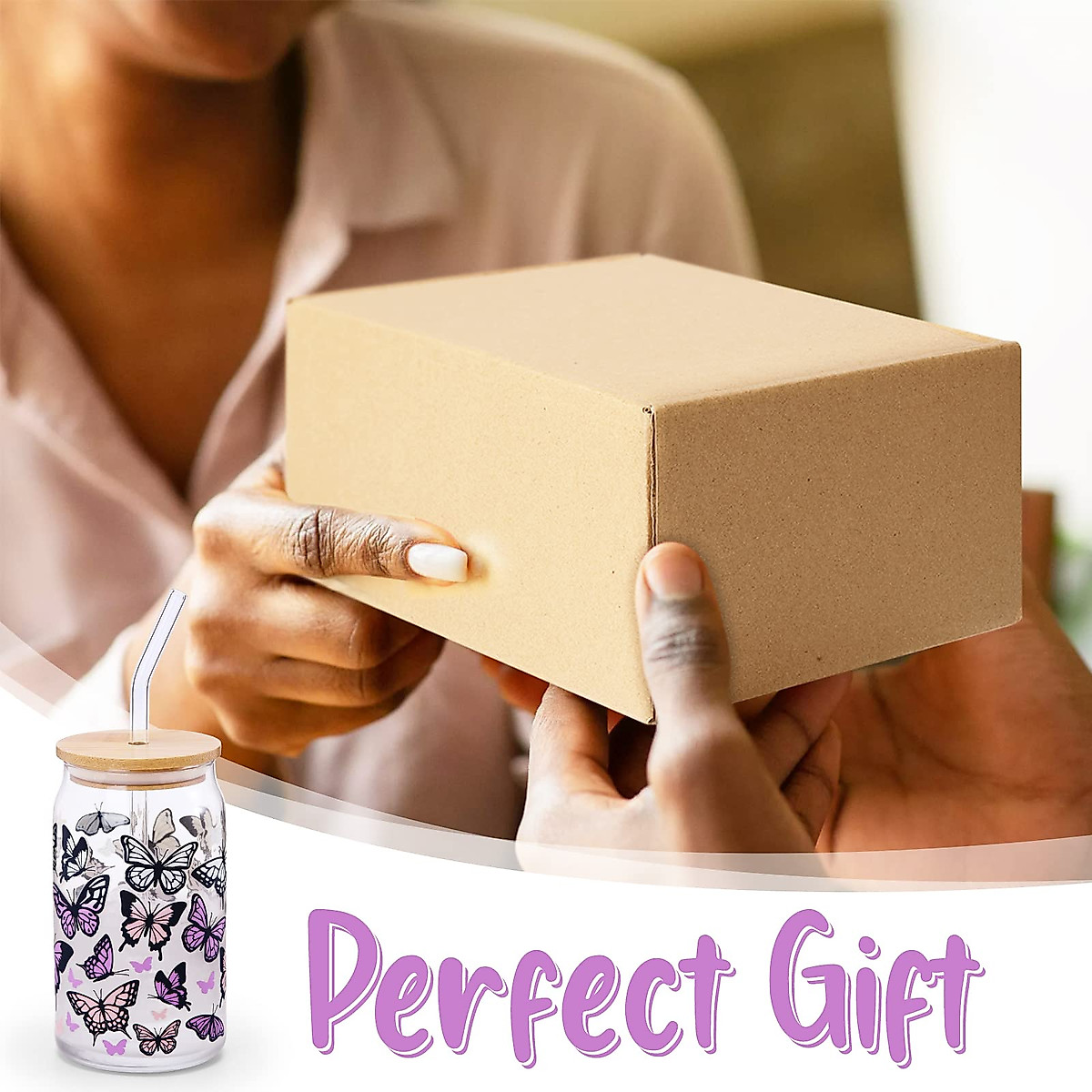 Nefelibata Butterfly Iced Coffee Glass Beer Can Glass Color Changing 16 OZ Pastel Pink & Purple Swallowtail Butterflies Art Glass Mug Present with Lid Drinking Straw Spring Mother's Day Gifts for Her