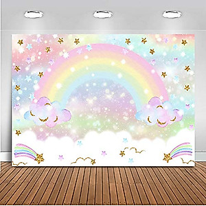 Mocsicka Rainbow Backdrop 7x5ft Pastel Rainbow Birthday Cloud Glitter Stars for Kids' Party Decorations Cake Table Banner Rainbow Baby Shower Photography Background