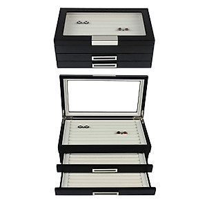 TIMELYBUYS Black Ebony Wood Cufflink Case & Ring Storage Organizer with Stainless Steel Engravable Design Accent Men's Jewelry Box for 108 Cufflinks