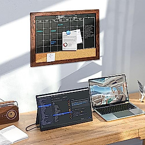 4 THOUGHT Chalkboard Calendar Corkboard Combo, 12" x 16" Small Bulletin Board Magnetic Calendar Chalkboard for Wall Combination Board Monthly Planner Rustic Brown Frame 1 Markers 6 Magnets 4 Pushpins