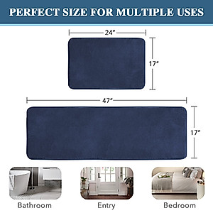 H.VERSAILTEX Kitchen Mat 2 PCS Kitchen Rugs Non Slip Memory Foam Flannel Velvety Kitchen Runner Rug Water Absorbent Soft Kitchen Rug Set for Floor Rug Standing Rugs(47" x 17" + 24" x 17", Navy)