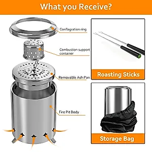 Tabletop Fire Pit, QVCQ Low Smoke Burning Mini Firepit for Outdoor, Camping, Wood Pellets Smores Fire Stove, Stainless Steel with Stands & Removable Ash Pan