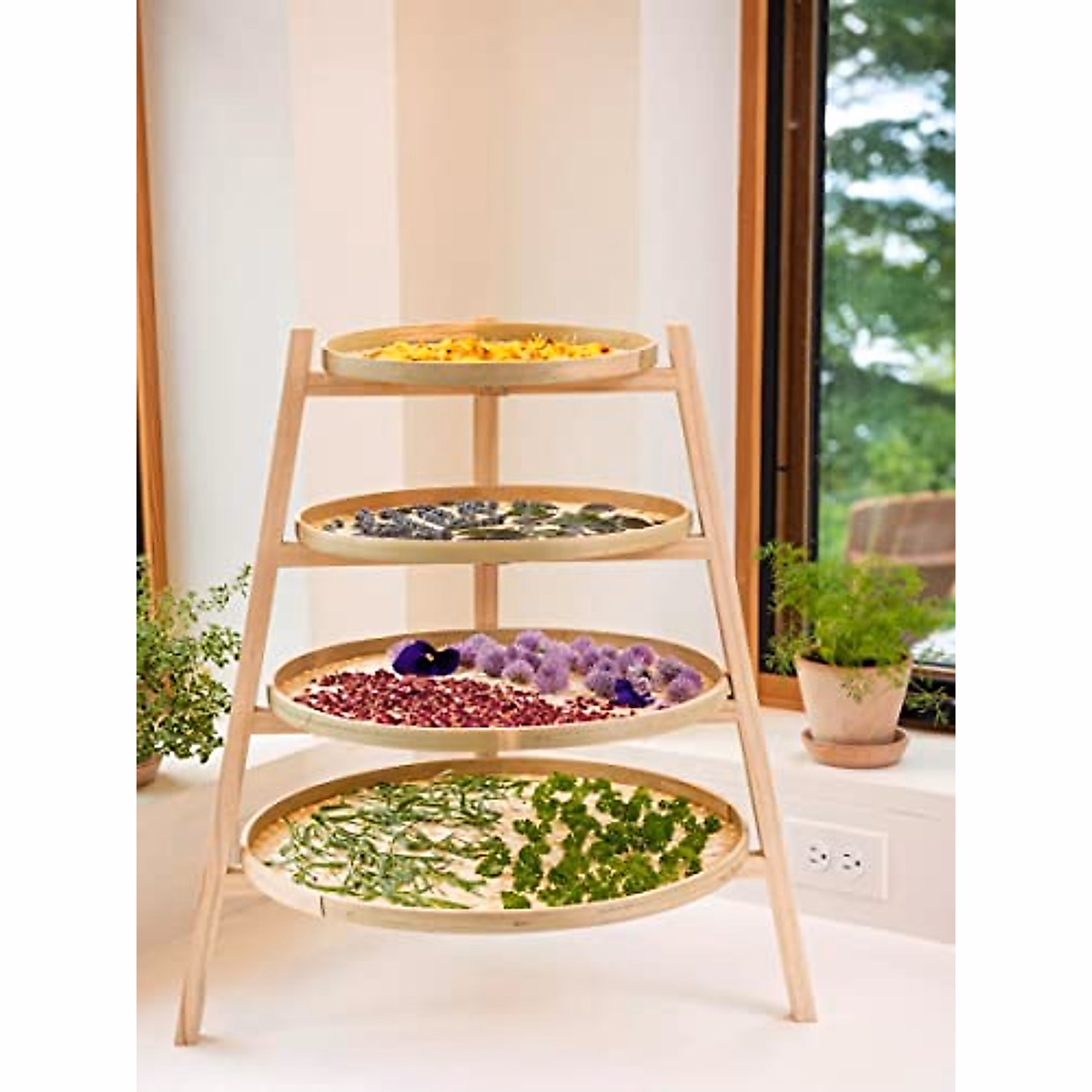 Gardener's Supply Company | Wooden Bamboo Herb Drying Rack | Floor Or Countertop Free Standing 4 Layers | with Removable Bamboo Mesh Trays | 20-1/2" W x 25" H