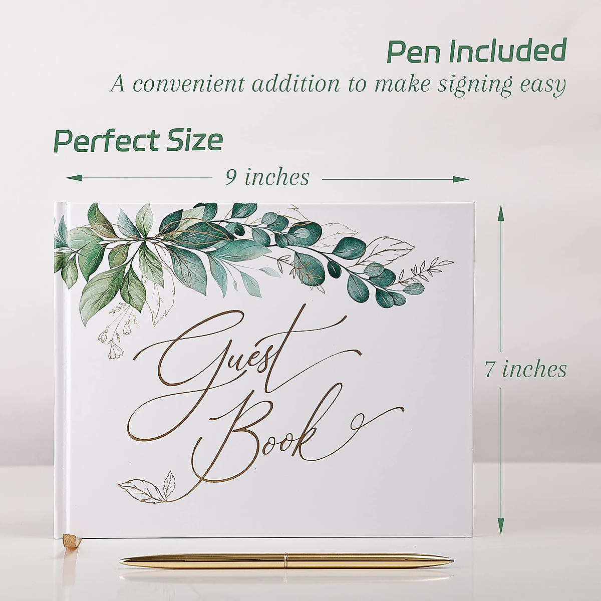 Gold Foil Greenery Wedding Guest Book 7 x 9 inches, Pen & Table Sign Included, Resgistry Sign in Book for Wedding, Bridal Shower, Baby Shower, Graduation, Birthday, Funeral, Anniversary or Reception