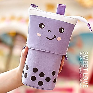 ANGOOBABY Standing Pencil Case Cute Telescopic Pen Holder Kawaii Stationery Pouch Makeup Cosmetics Bag for School Students Office Women Teens Girls Boys (Purple)