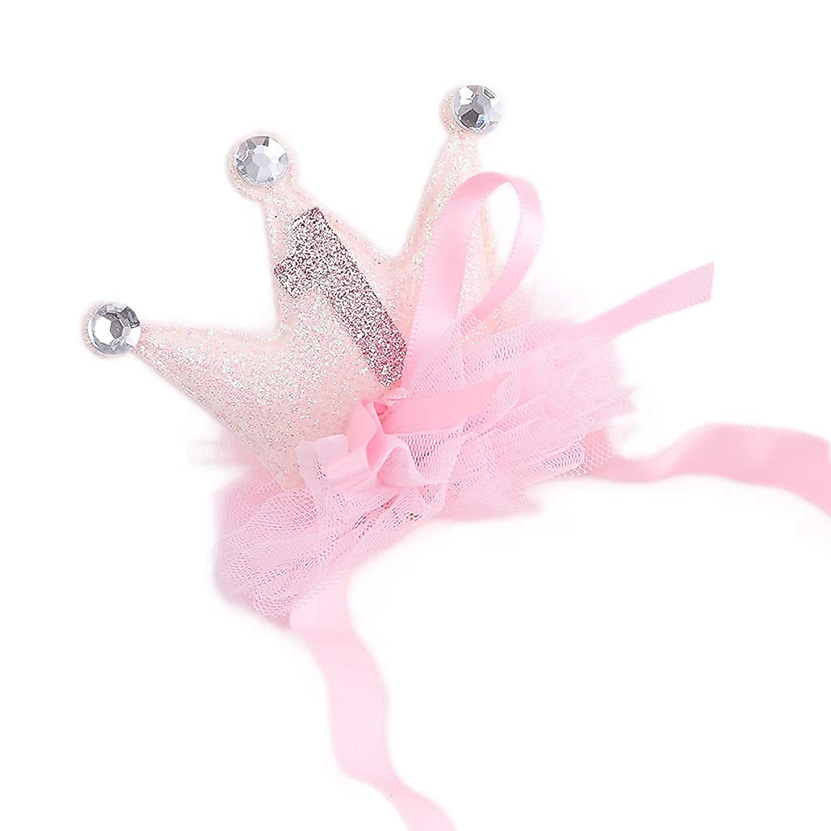 LINLULU 1st Birthday Crown Headband for Baby Girls - Elastic Pink Glitter Mini Crown, Princess Crown Headband, Tulle Bow Crown Baby Headband, Cake Smash Photo Prop (pink baby headband)