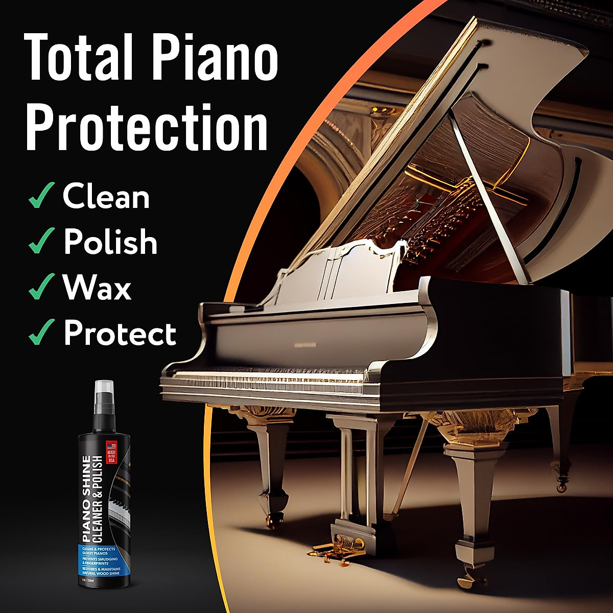 Samorillo Piano Shine Polish & Cleaner - Clean, Polish, Wax & Protect Glossy Pianos & Surfaces - Made in USA - 8 oz Cleaning Solution with Added UV Protectant & Anti-Static - Prevents Dust & Smudges