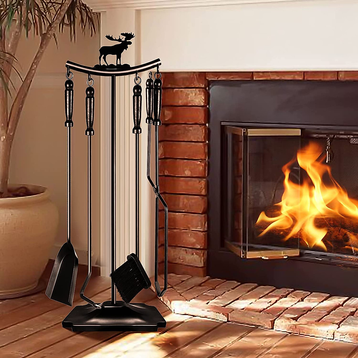 Firesrc 5Pcs Fireplace Tools Set Black Handle Wrought Iron and Holder Outdoor Fireset Fire Pit Stand Indoor Rustic Tongs Shovel Antique Brush Chimney Poker Wood Accessories Kit