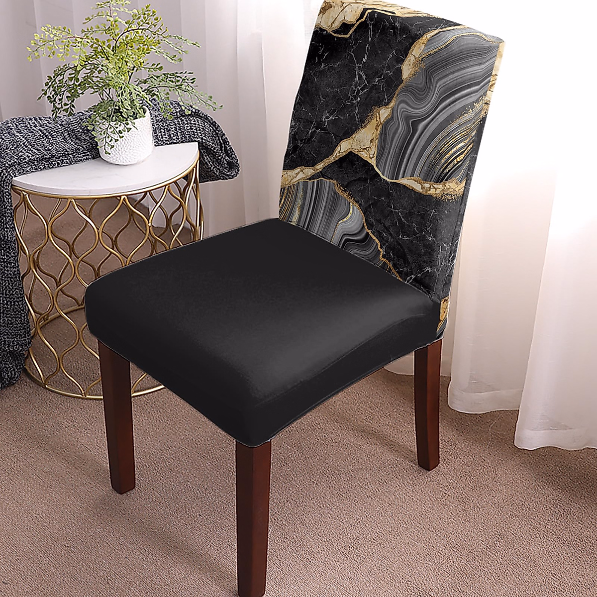 Chair Protector Seat Covers Black Marble Texture Gold Powder Stretch Removable Dining Room Chair Cover Set of 4,Gray Gradient Abstract Liquid Art Slipcovers for Kitchen Party Hotel Wedding