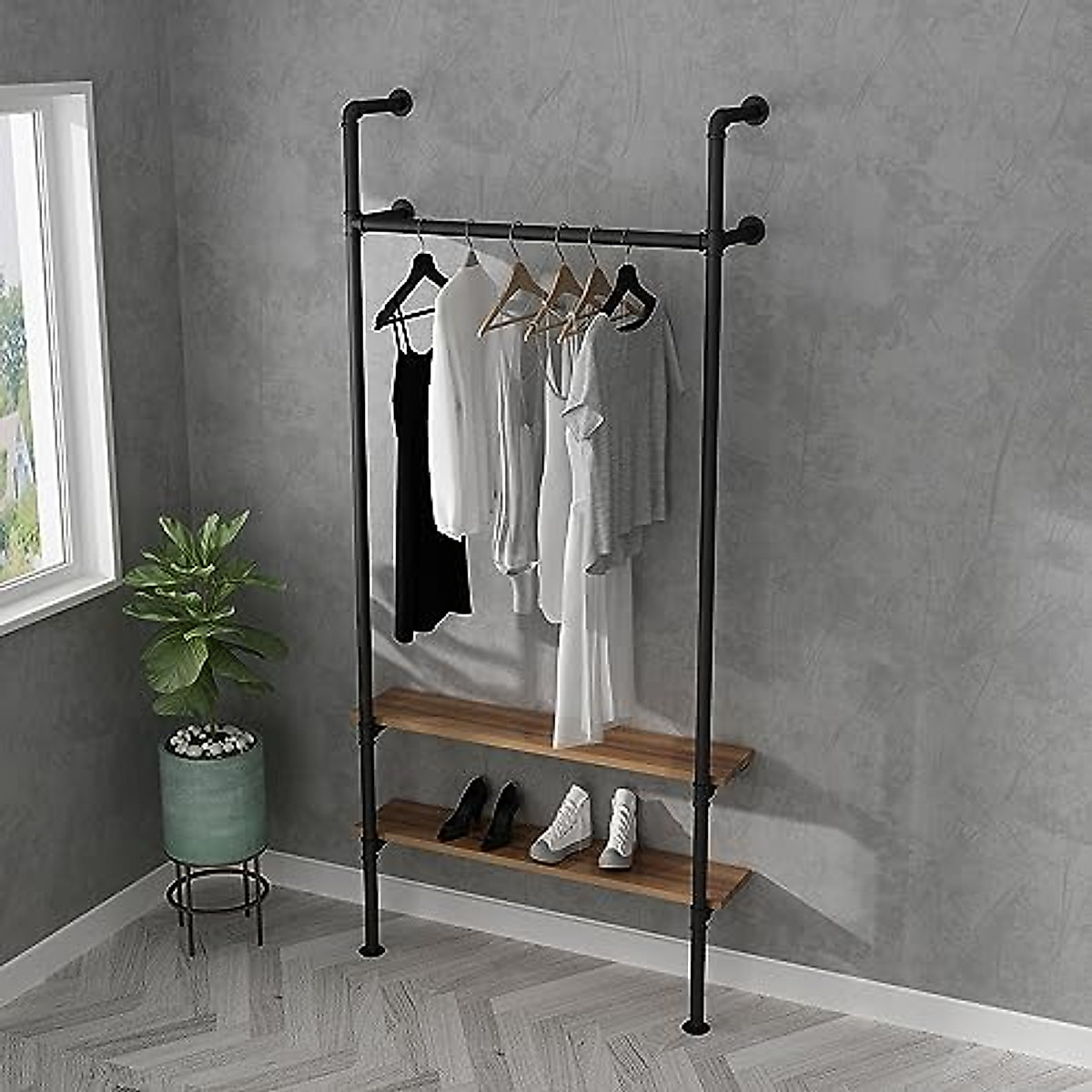 LANJIN Industrial Pipe Clothing Rack,Clothes Rack for Wardrobe, Bedroom and As Walk-in Closet System.Sturdy Clothing Racks for Hanging Clothes,Wall Mounted Heavy Duty Clothes Rack,Black B