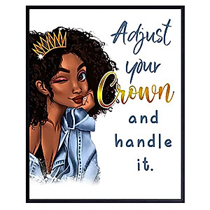 African American Woman Wall Art - Black Queen- Inspirational Quotes Wall Decor - Motivational Posters - Uplifting Encouragement Gifts for Women - Girls Bedroom Living Room Home Office - Afro Girl 8x10