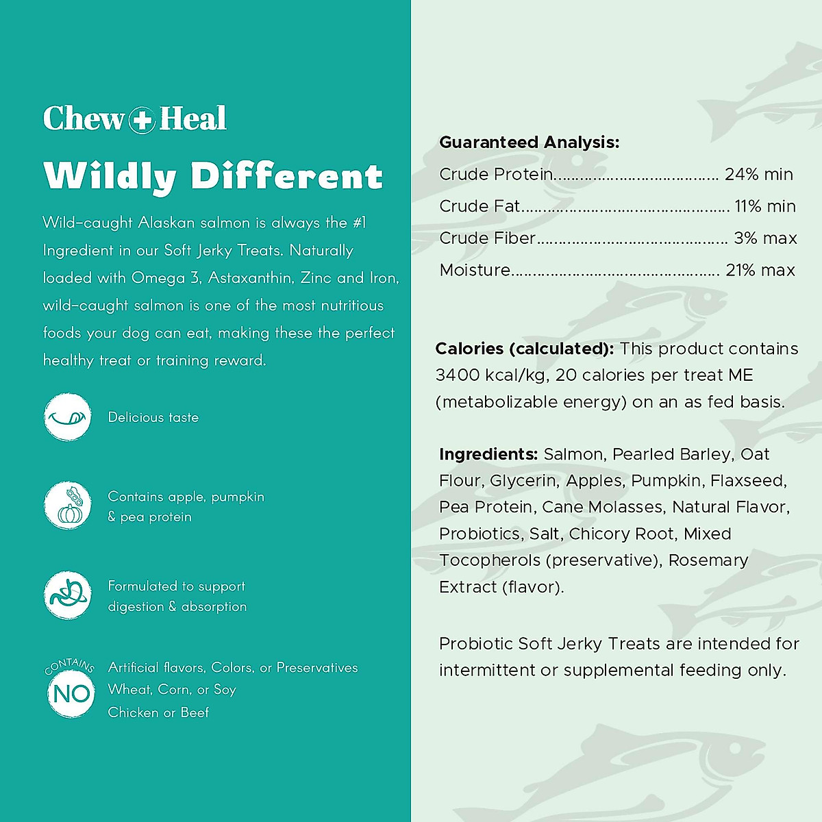 Chew + Heal Labs Probiotic Salmon Jerky Dog Treats - 5 oz of Salmon Jerky for Digestive Health - Made with Wild Alaskan Salmon, Apples, Pumpkin, Pea Protein, and More - Made in The USA