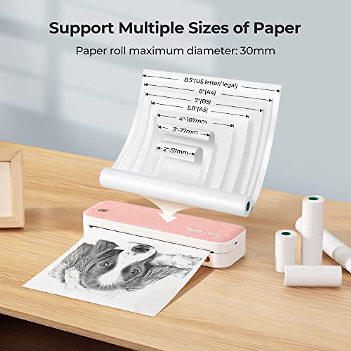 MUNBYN Portable Printer ITP01, Bluetooth Thermal Printer for Travel, Support 8.5x11 US Letter & A4 Paper, Compatible with Android and iOS Phone & Laptop, Inkless Printer for Mobile Office(Pink)
