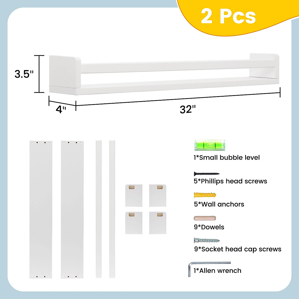 Fun Memories Nursery Book Shelf Set of 2, 32 inch Wall Bookshelf for Kids, White Baby Bookshelf, Nursery Decor, Wall Shelves for Living Room, Toy Storage Shelves