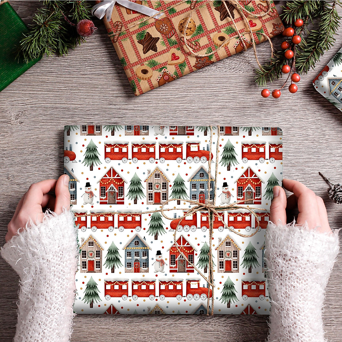 RiukRaiu Christmas Wrapping Paper For Kids Men Women Gift's.Xmas Design-Gift Wrap Contain Snowman Train Biscuit House Candy Skiing Gnome Santa Claus.8 Sheets 20 X 29 Inch, Folded Flat Not Roll