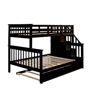 FIQHOME Stairway Twin-Over-Full Bunk Bed with Twin Size Trundle,Bunk Bed Frame Convertible into 2 Beds Storage and Guard Rail for Bedroom, Dorm, for Adults,Espresso