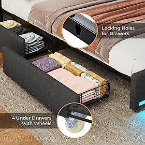HAUOMS Queen Bed Frame with Stoarge Drawers and LED Lights, Upholstered Platform Bed with Type-C & USB Charging Station, LED Bed Frame Queen with Storage Headboard, No Box Spring Needed, Dark Grey
