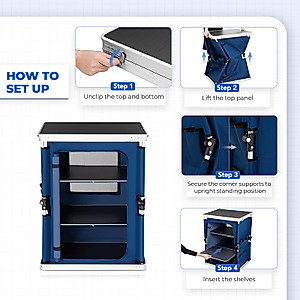 EAGLE PEAK Outdoor Camping Pop Up Folding Table with Large 3-Tier Storage Organizer and Side Pockets, Easy Set Up Portable Lightweight Aluminum Camping Kitchen, Blue