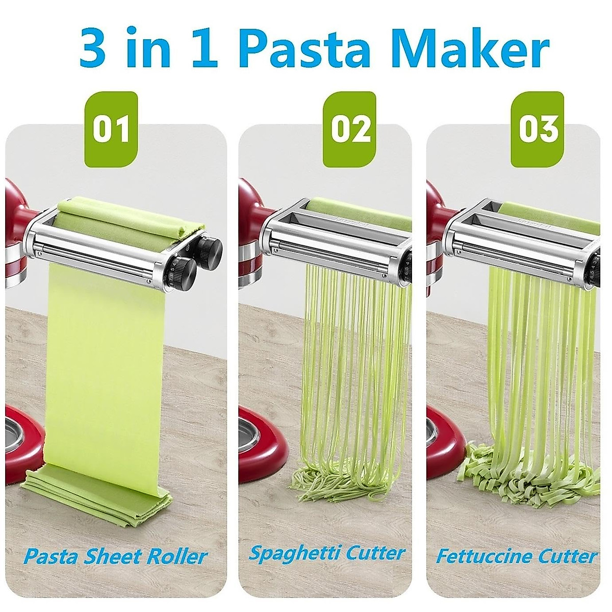 FavorKit Pasta Maker Attachment for KitchenAid Mixers,3 in 1 Set Included Pasta Sheet Roller, Spaghetti Cutter, Fettuccine Cutter Accessories and Cleaning Brush