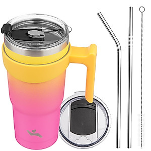 Konokyo 20oz Tumbler with Handle and 2 Straw 2 Lid, Insulated Water Bottle Stainless Steel Vacuum Cup Reusable Travel Mug,Rainbow