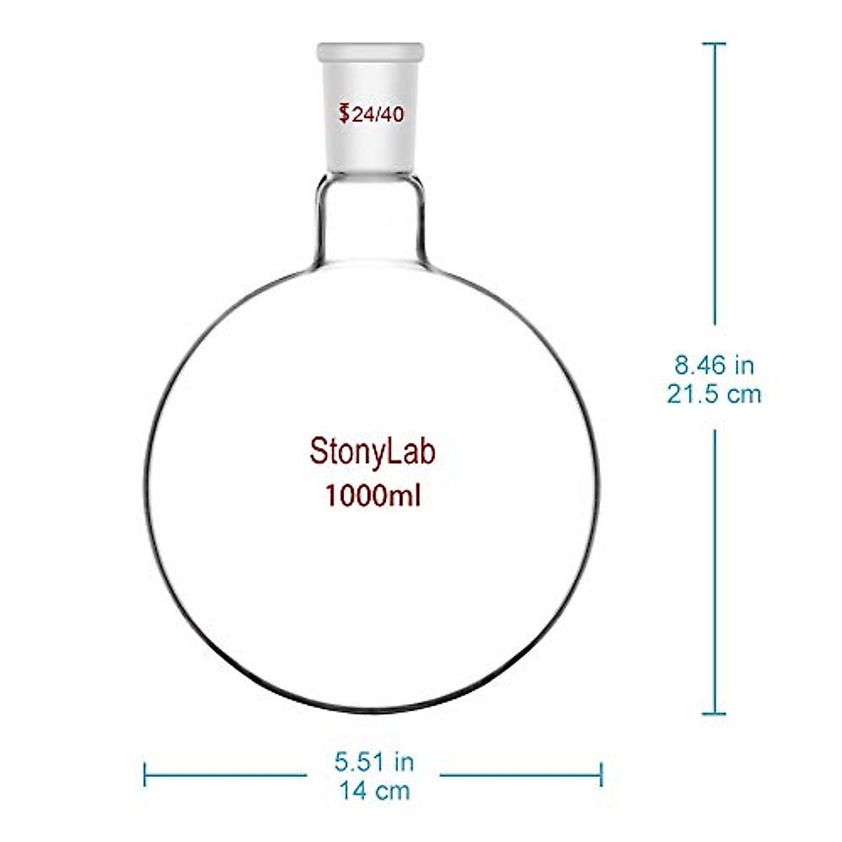 StonyLab 1000ml Glass Single Neck Round Bottom Flask RBF, with 24/40 Standard Taper Outer Joint - 1L (1 Liter)