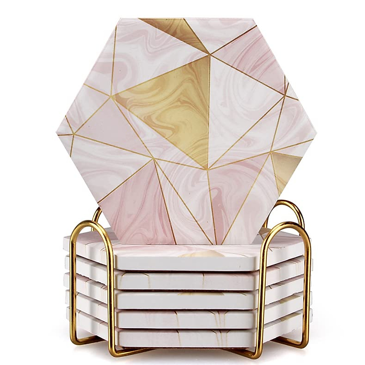 6 Pcs Pink Marble Coasters with Holder Gold Absorbent Drink Coasters Hexagon Cute Ceramic Table Coaster Set Decorative Bar Coasters Modern Coffee Cup Coasters