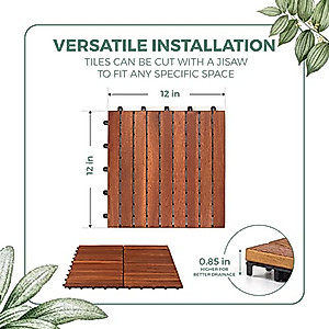 Wood Interlocking Flooring Tiles (Pack of 10, 12" x 12"), Solid Wood Acacia Deck Tiles Interlocking, Patio Tiles Outdoor Interlocking Waterproof All Weather (9 Slat, Dark Brown Color)