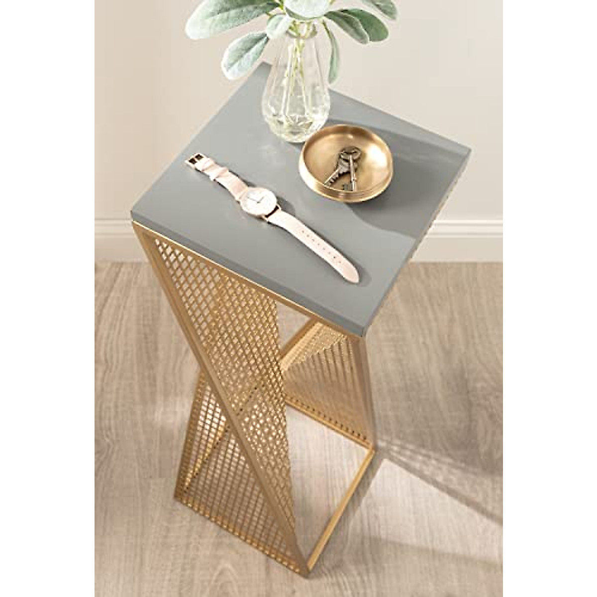 Kate and Laurel Elita Mid-Century Modern Industrial Wood and Metal Pedestal End Table for Storage and Display, 10x10x30, Gray/Satin Gold