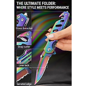 Rainbow Pocket Knife - Legal Knife with Glass Breaker Seatbelt Cutter - 2.68 Inch Serrated Blade - Cute Womens Knives - Cool Small Folding Knife for Self Defense - Birthday Gifts for Women - 6655 R