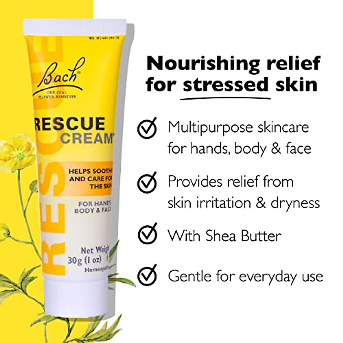 Bach RESCUE Cream, Hydrating Skincare for Hands, Body and Face, Shea Butter, Homeopathic Stress Relief Flower Essences, Fragrance-Free, Paraben-Free, 30g