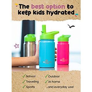 Kids Water Bottle - 12oz Stainless | Leak Proof With Straw & Handle | 24 Hours Cold | Insulated, Double Wall Stainless Steel | Easy Sip Toddler Cup | Child's Flask | Eco Friendly