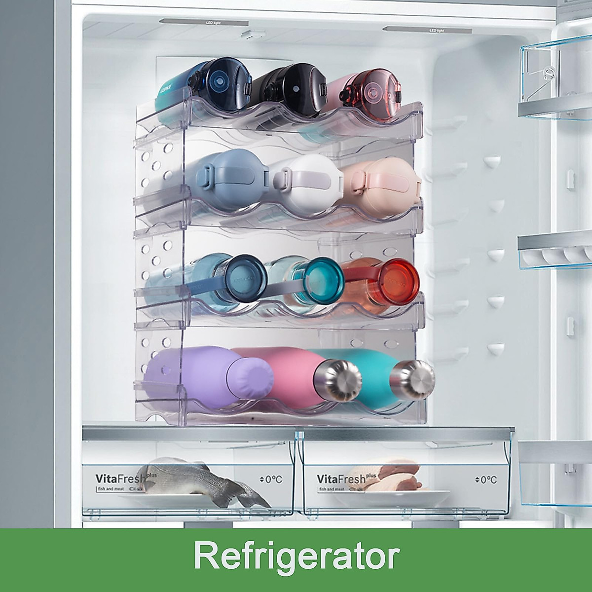 tyrixma Water Bottle Organizer, 4-Tier Stackable Water Bottle Holder Rack for Wine, Drinks and Tumblers, Clear Bottle Holder Storage for Cabinet, Pantry, Refrigerator