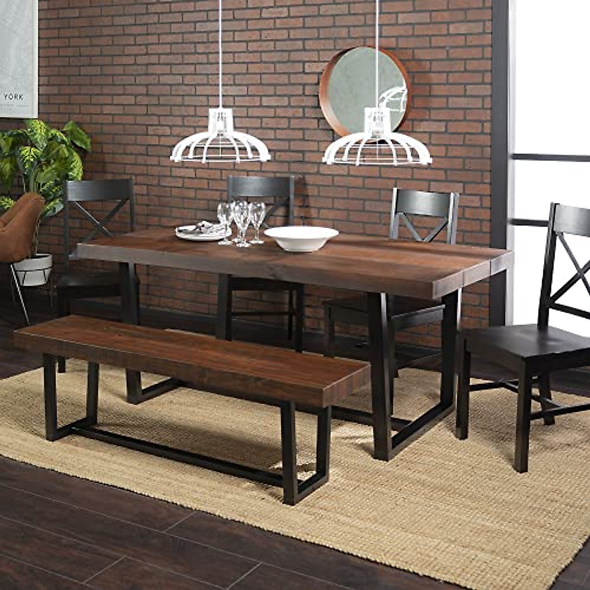 Walker Edison Barnes 6-Piece Rustic Metal and Wood Dining Table with X-Back Chairs, Set of 6, Mahogany/Black