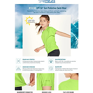 TSLA Youth Kids UPF 50+ Short Sleeve, Aqua Water Swimsuit Top, UV/SPF Surf Swim Shirt, Swim Shirt Lime, 8