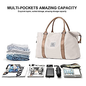 Travel Duffel Bag for Women, Sports Tote Gym Bag, Shoulder Weekender Overnight Bag with Wet Pocket & Trolley Sleeve,Light Beige & Brown