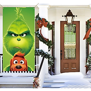 Nepnuser Grinchmas Door Cover Christmas Green Elf Decoration Winter Holiday Party Backdrop Door Hanging Banner