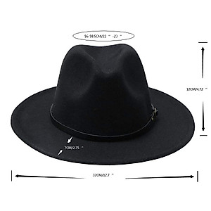 Women's Felt Panama Hats Classic Wide Brim Rancher Fedora with Belt Buckle (Black, 56-58cm/22-22.8in)