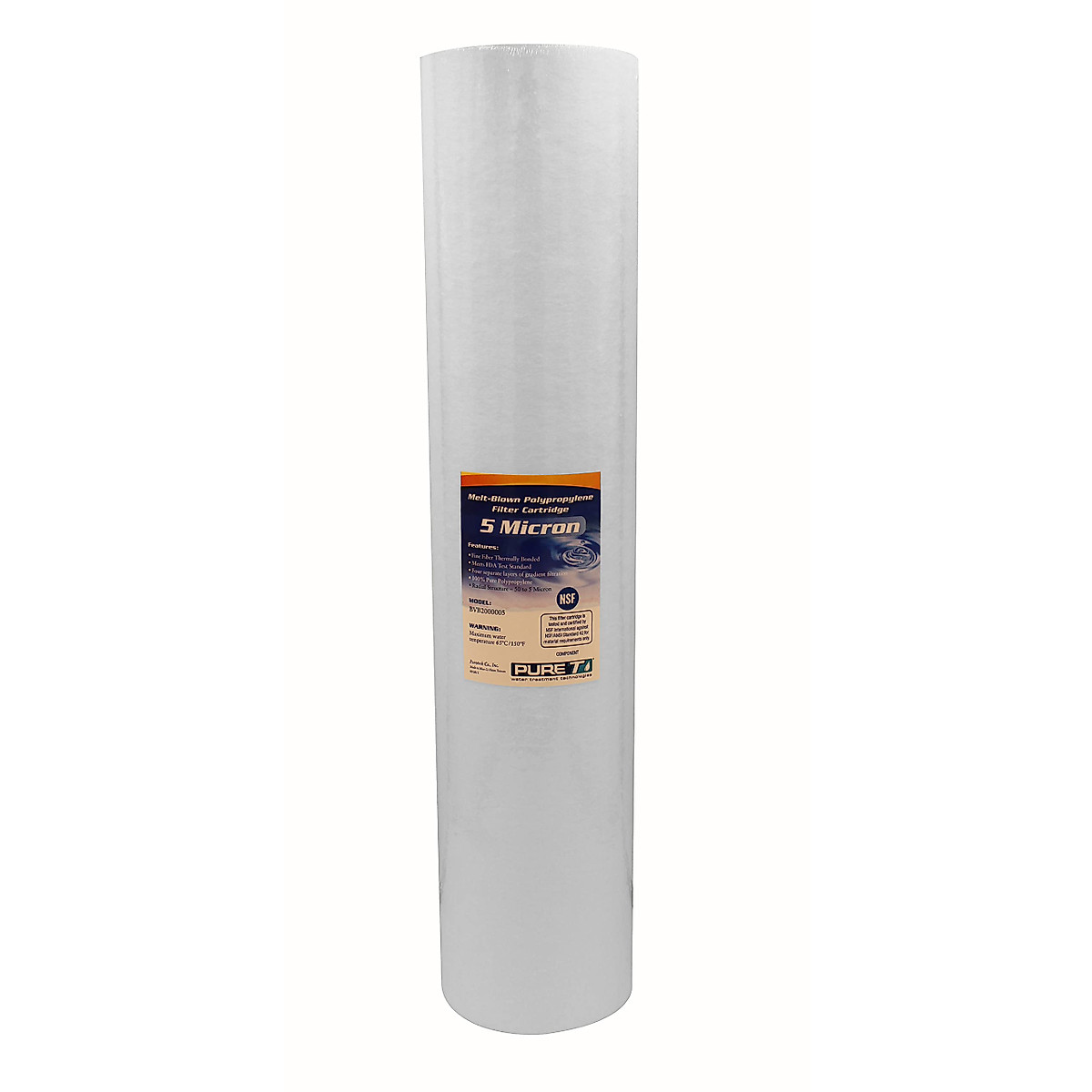PureT BVB2000005 20x4.5" Water Sediment Filter - NSF Certified - Spun Poly Filter Removes Sediment and Other Organic Debris (5 u Micron Rated)