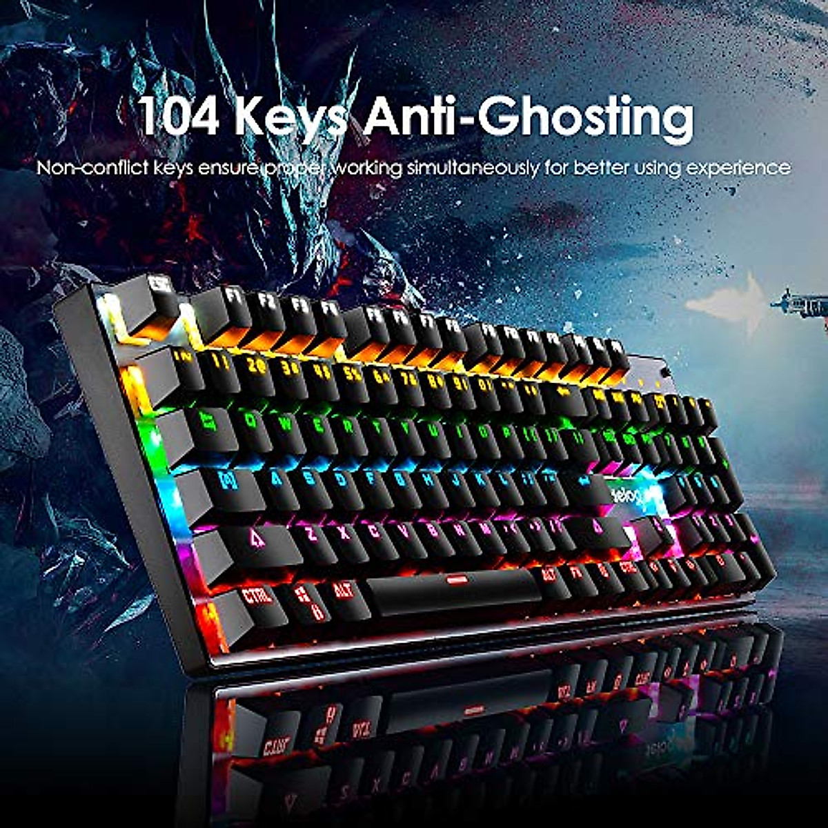 FELICON Gaming Keyboard, 104 Keys Ultra-Slim Rainbow Backlit Wired Keyboard with Blue Switches,Durable ABS Keycaps/Anti-Ghosting/Spill-Resistant Mechanical Keyboard for PC Mac Xbox Gamer