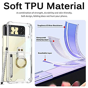 Miimall Compatible for Samsung Galaxy Z Flip 4 2022 Case with Pen, Ultra-Thin Flip 4 Case with Ring Holder, Soft TPU+PC Shockproof Anti-Scratch Clear Cover Case for Samsung Z Flip 4(Clear)