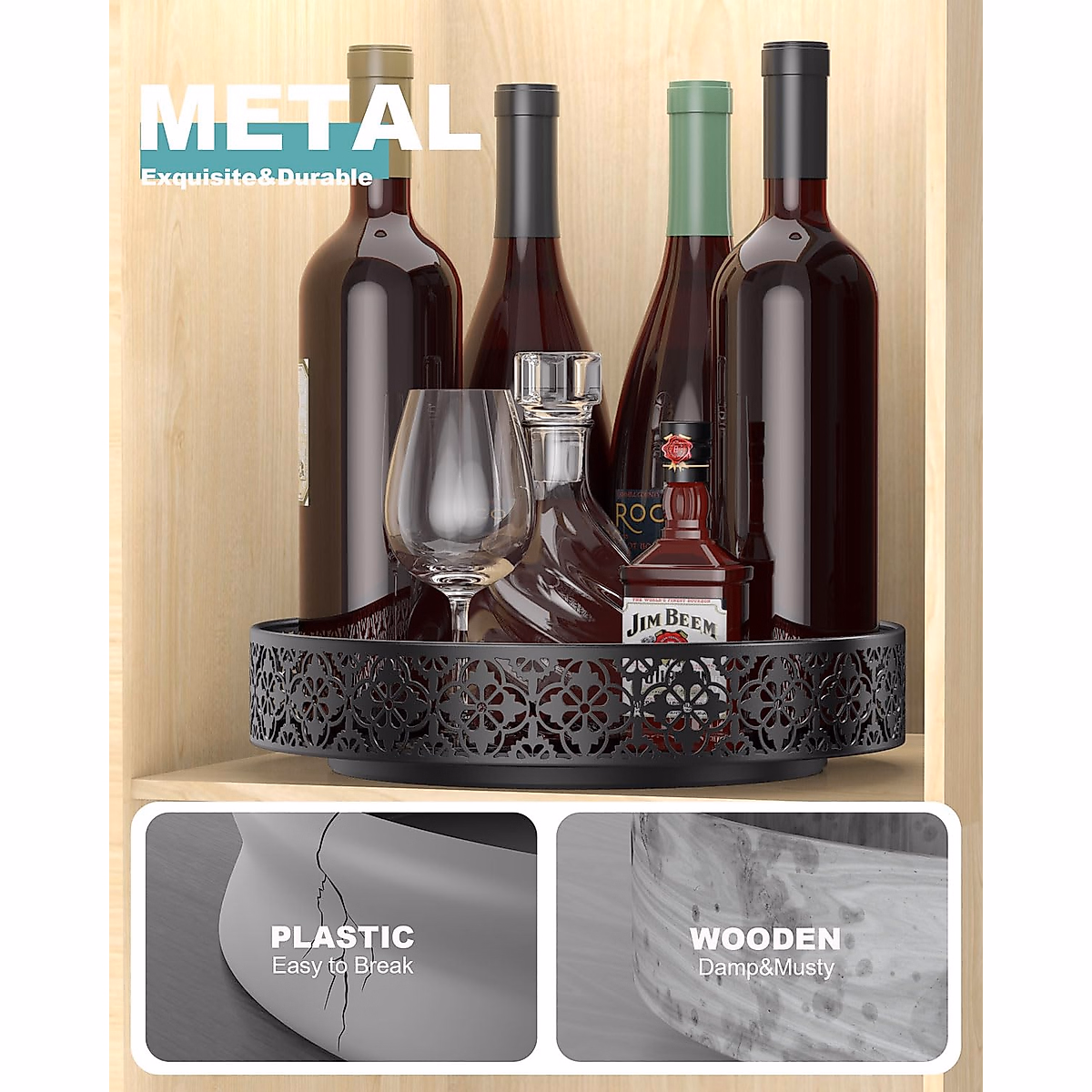 Lazy Susan Organizer, 12 Inch Lazy Susan Turntable for Cabinet, Turntable Organizer for Pantry Vanity Tray Countertop Spice Rack Kitchen Bathroom, Large Lazy Susan with 2 Removable Liners, Black