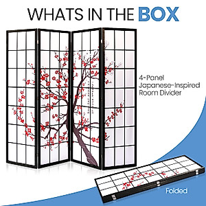 SereneLife Japanese Screen Room Divider - Portable Freestanding Classic Indoor Decorative 4-Panel Separator, Folding Privacy, Dressing Area, Office, Elegant Plum Blossom Design