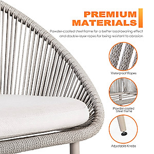 NUU GARDEN 3 Piece Outdoor Bistro Set, Woven Rope Conversation Patio Set, All Weather Patio Furniture Chairs and Table with Cushions for Garden, Deck, Backyard, Balcony, Porch, Gray